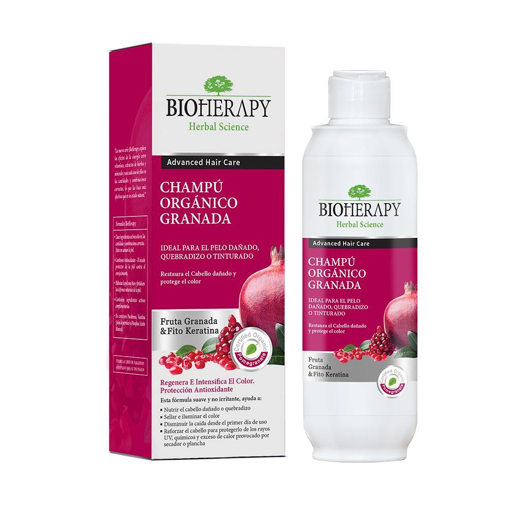 Shampoo Granada orgánico para cabellos dañados, quebradizos o tinturad